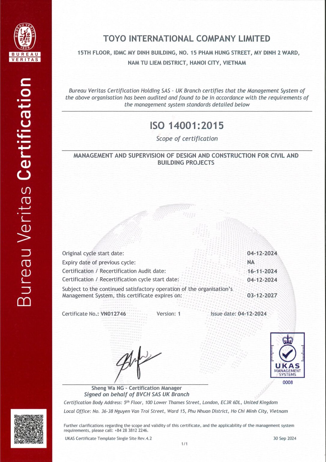 【TOYO International Company】ISO14001取得のお知らせ | トーヨーホールディングス